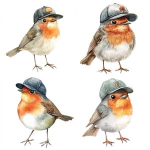 12x Robin With Cap PNG Clipart, Watercolor Bird Clip Art Set, Wildlife ...