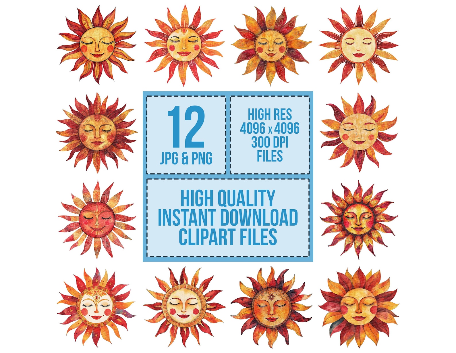 Folk Sun Face PNG Clipart, 12x Sun With Face Clip Art Set, Printable ...
