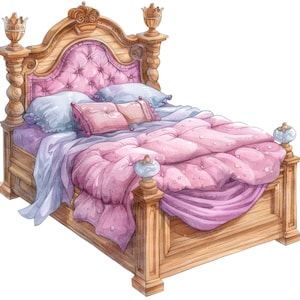 12x Princess Bed Clipart, Pink Crown Bed Clipart, Printable Watercolor ...