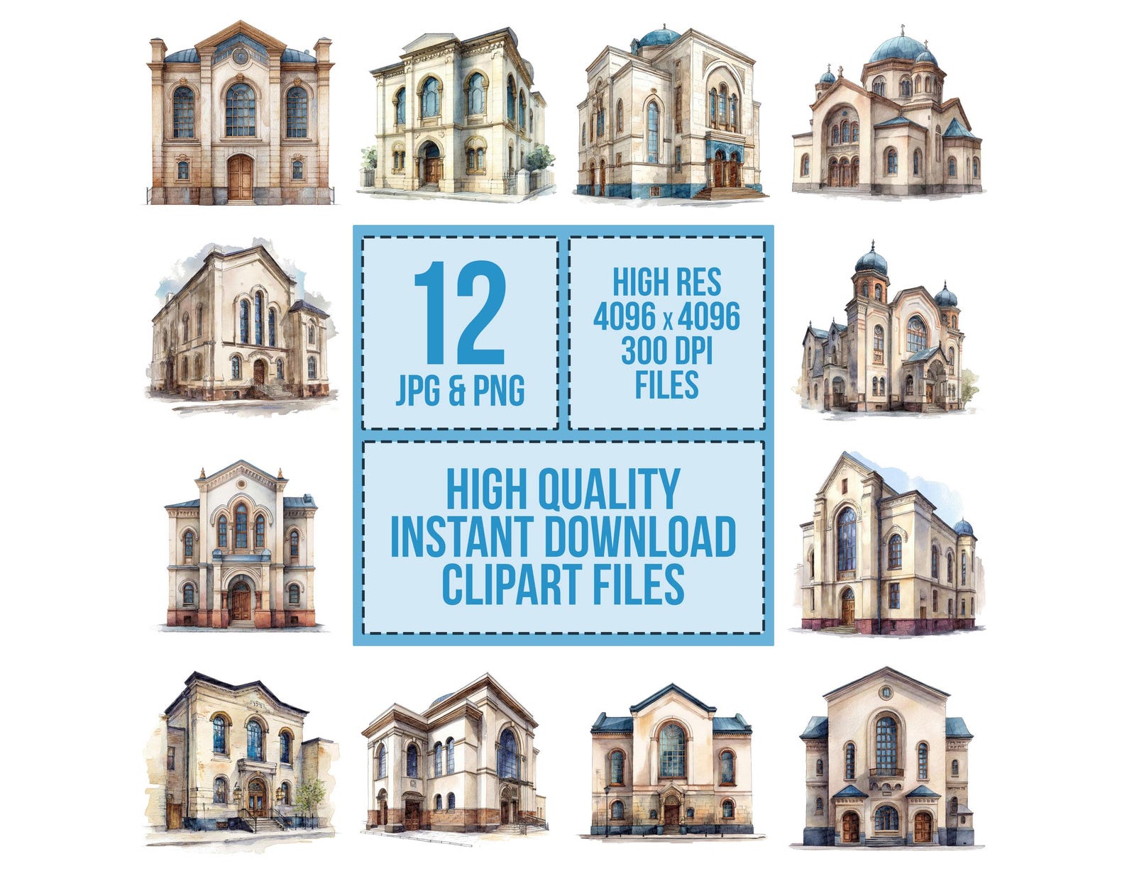 12x Watercolor Jewish Synagogue PNG Clipart, Synagogue Architecture Art ...