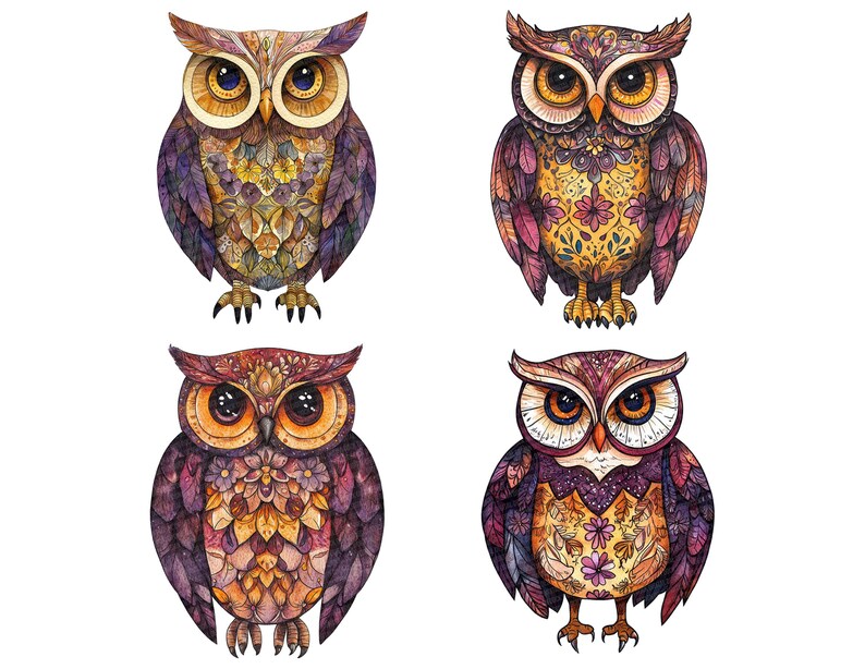 Folk Owl With Florals PNG Clipart, 12x Floral Owl Clip Art Set ...