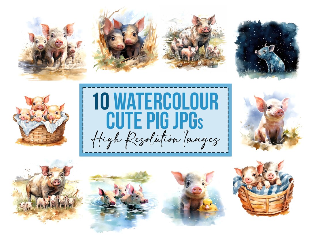 10x Cute Piglets Watercolor Pigs & Piglets Clipart JPG Digital Clip Art ...