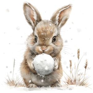12 Bunny With Snowball Clipart, Winter Rabbit Clipart, Printable ...