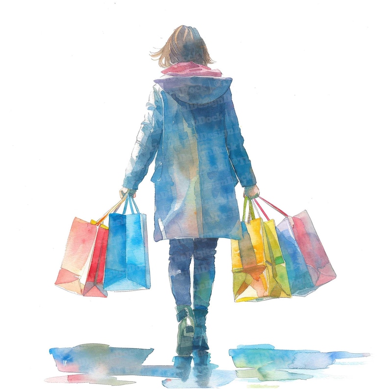 12 Shopping Woman Clipart, Watercolor Shopper Clipart, Printable ...