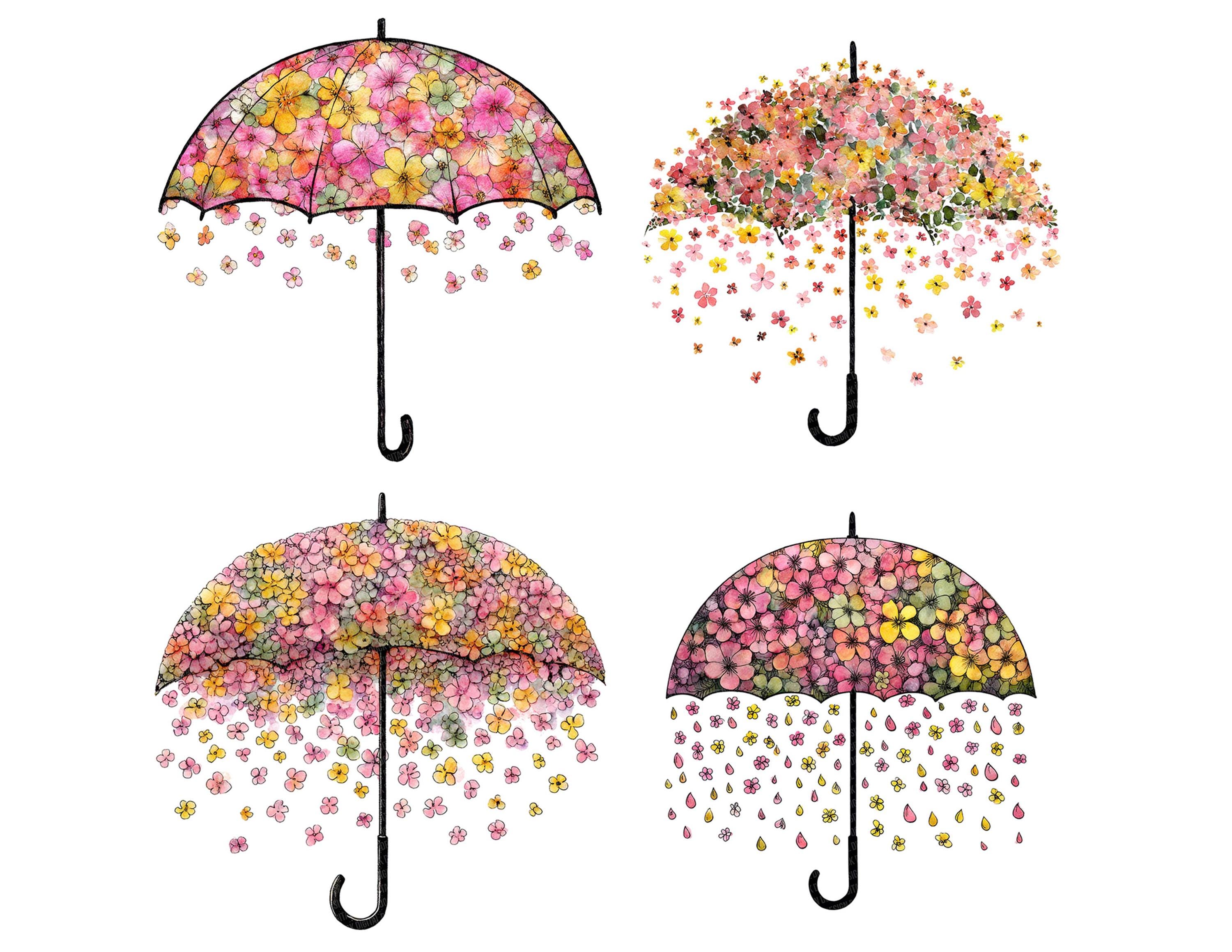 Umbrella Flower PNG Clipart, 12x Watercolor Floral Rain Clip Art Set ...