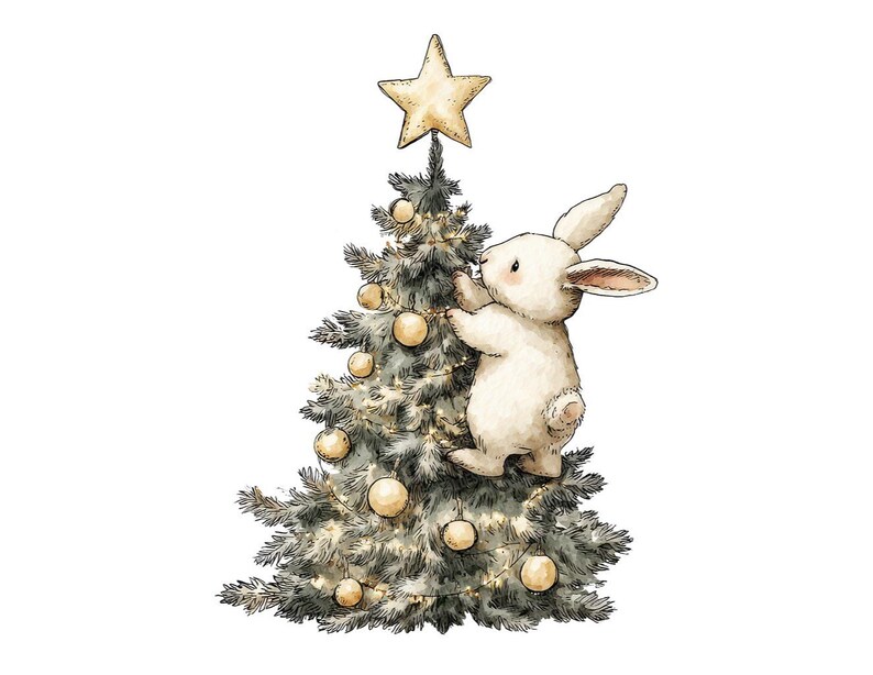 12x Christmas Rabbit PNG Clipart, Bunny Decorating Christmas Tree Clip ...