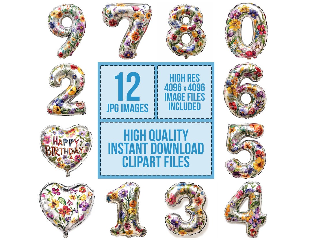 12x Floral Balloon Numbers Clipart, Birthday Foil Balloon Clipart ...