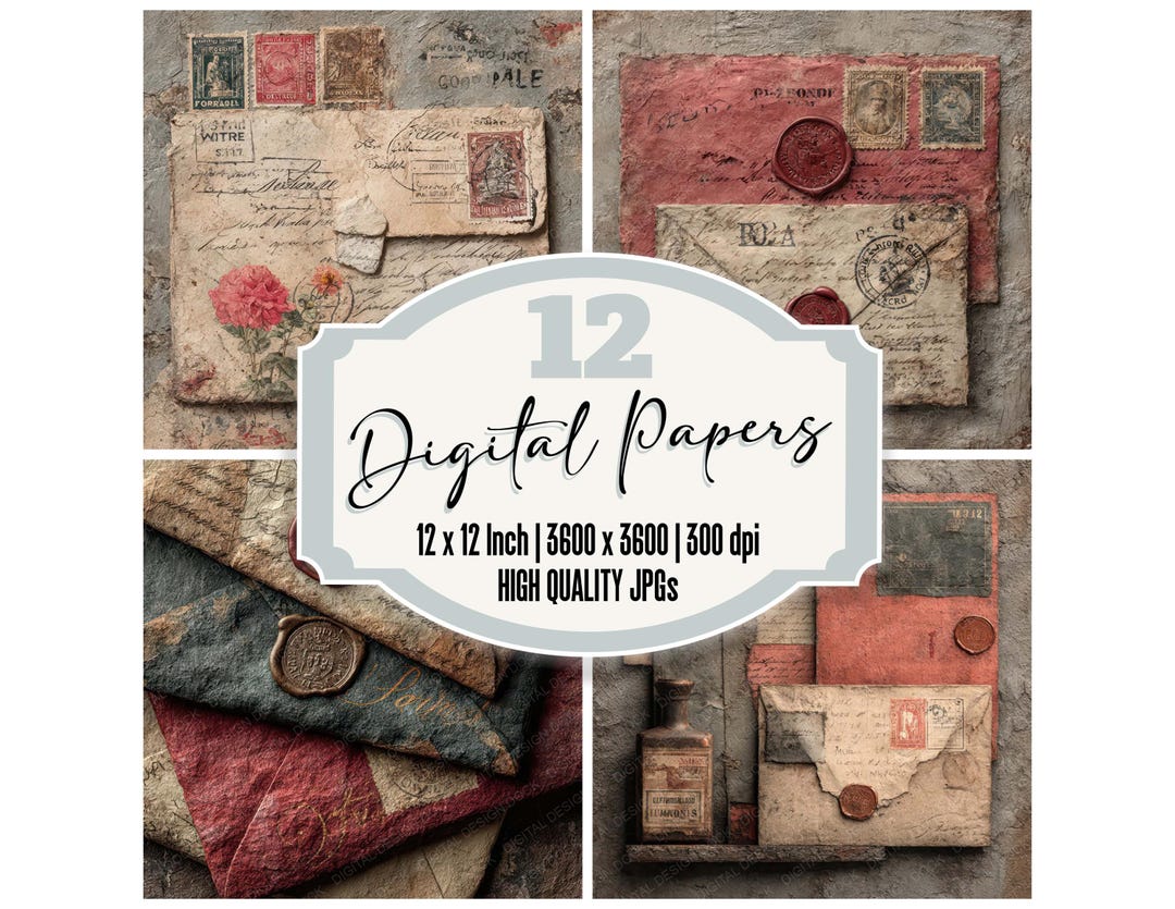 12x Distressed Victorian Letters Digital Paper Pack Antique Envelope ...