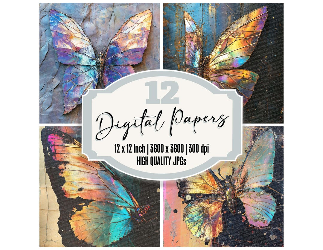 12x Cyber Chitin Junk Journal Paper Iridescent Butterfly Digital Paper ...