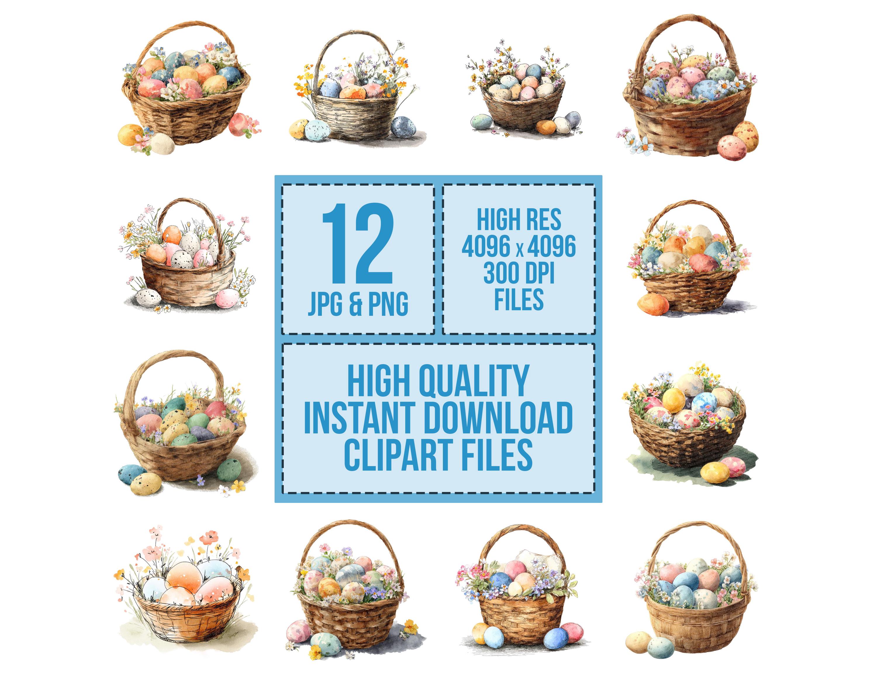 Egg Basket PNG Clipart, 12x Watercolor Easter Basket Clip Art Set ...