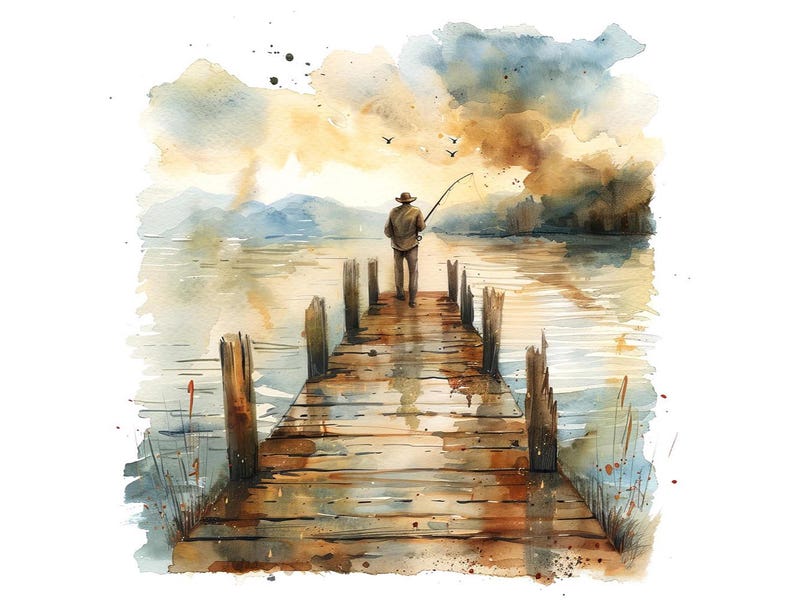 Fishing Dock PNG Clipart, 12x Man Fishing Clip Art Set, Watercolor Lake ...