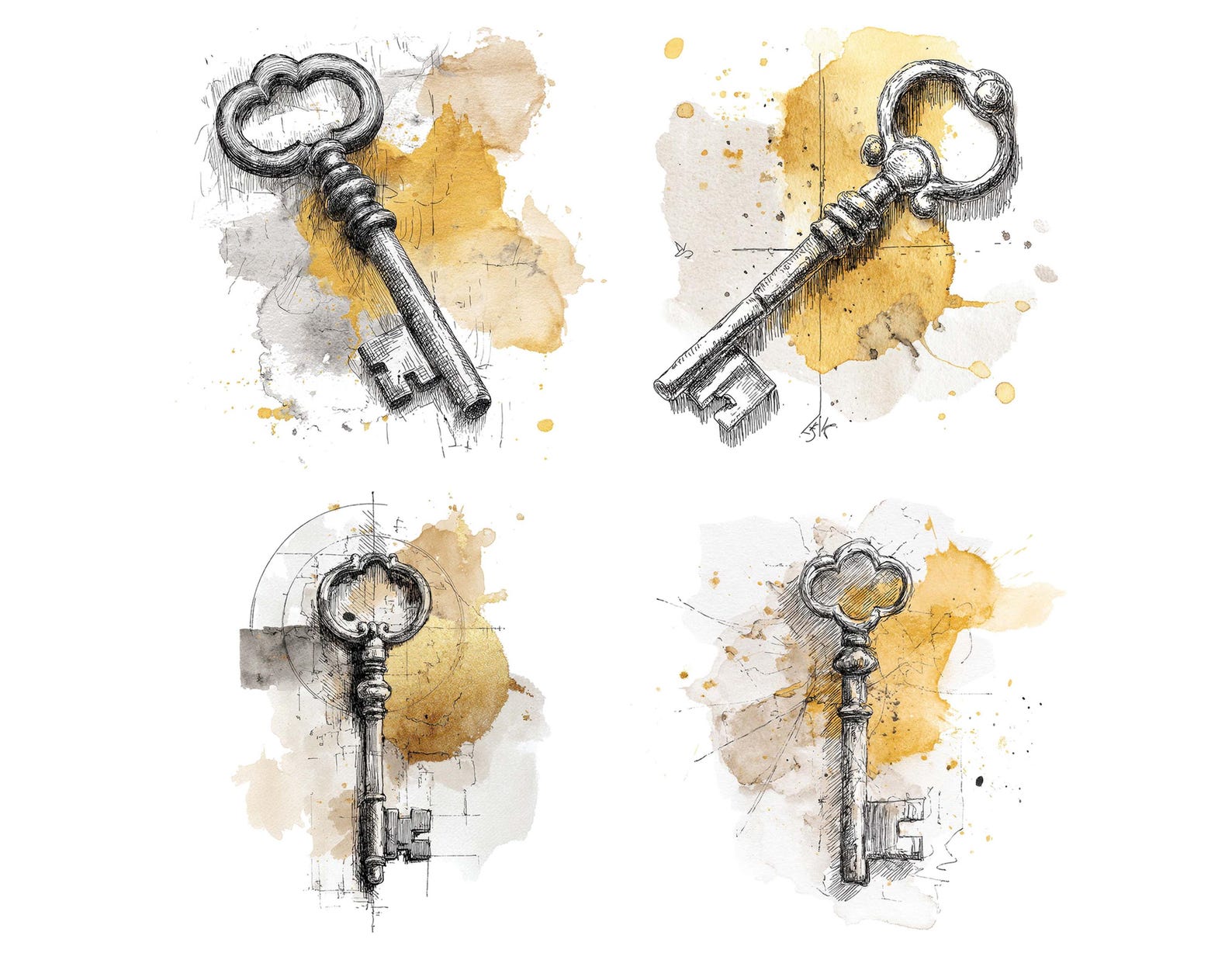 Sketch Key PNG Clip Art, 12x Ink Drawing Splash Clipart Set, Printable ...