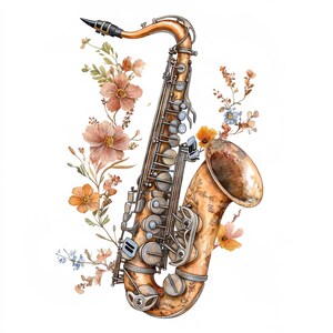12x Floral Saxophone Clipart, Floral Music Clipart, Printable ...