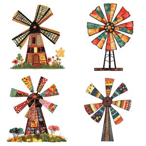 Windmill PNG Clipart, 12x Patchwork Windmill Illustrations, Printable ...