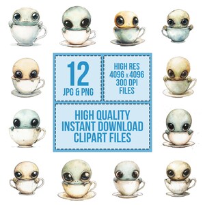 Alien Clipart, 12x Teacup Alien PNG Clip Art Set, Printable Watercolor ...