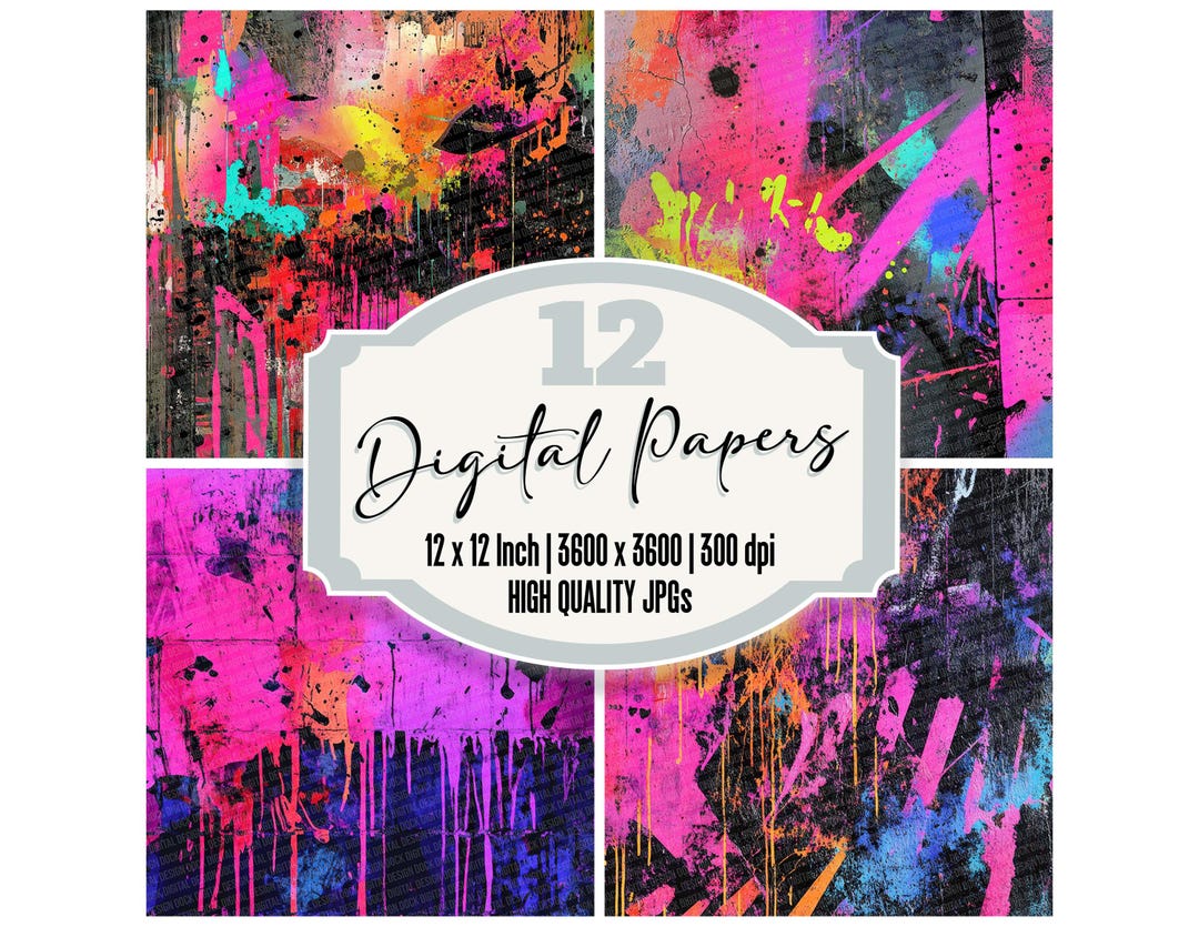 12x Neon Graffiti Splatter Junk Journal Paper, Urban Digital Paper Pack ...