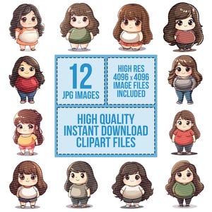 Chubby Chibi Girl Clip Art, 12x Cute Cartoon Character Clipart Set ...
