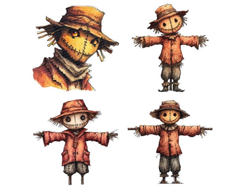 Scarecrow Clipart, 12x Halloween Pngs, Creepy Fall Straw Man Clip Art ...