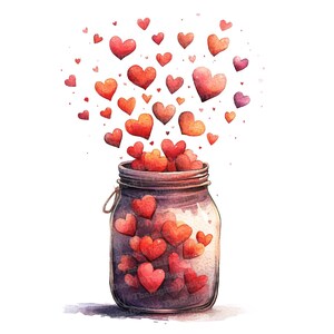 12x Jar of Heart Clipart, Watercolor Hearts in a Jar, Love Clipart ...