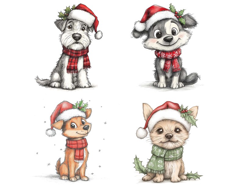 Christmas Dog Clip Art, 12x Holiday Puppy Clipart Set, Santa Hat Dog ...