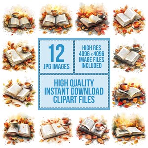12 Cozy Autumn Book Clipart, Coffee and Fall Leaves, Printable ...
