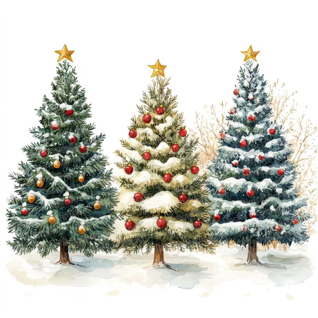 12x Christmas Tree Row Clipart, Watercolor Christmas Trees, Printable ...