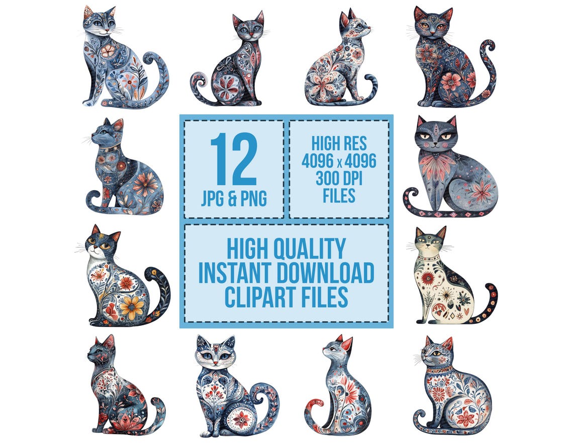 Folk Cat PNG Clipart, 12x Floral Cat Clip Art Set, Printable Watercolor ...