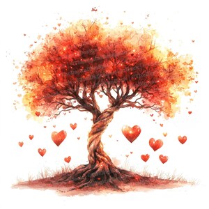 12 Heart Tree Clipart, Watercolor Autumn Tree With Falling Hearts ...