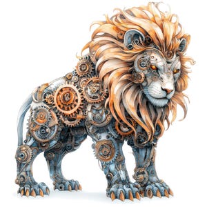 Steampunk Lion Clipart, Mechanical Animal Art,printable Watercolor ...