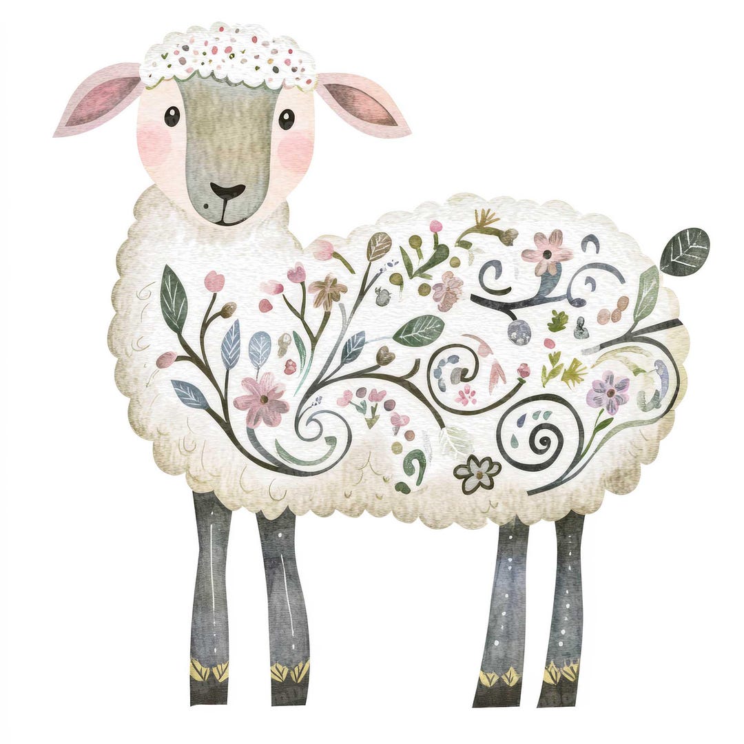 Sheep Clip Art, 12x Folk Art Sheep Clipart Set, Watercolor Sheep Clip ...