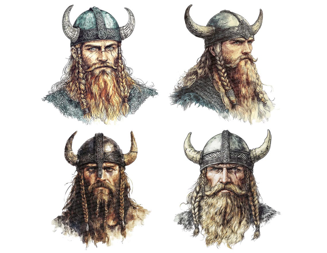 12 Viking Clip Art, Warrior Portrait Clip Art, Watercolor Viking Face ...
