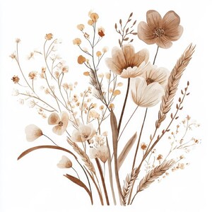 Boho Floral PNG Clip Art, 12x Neutral Flower Clipart Set, Watercolor ...