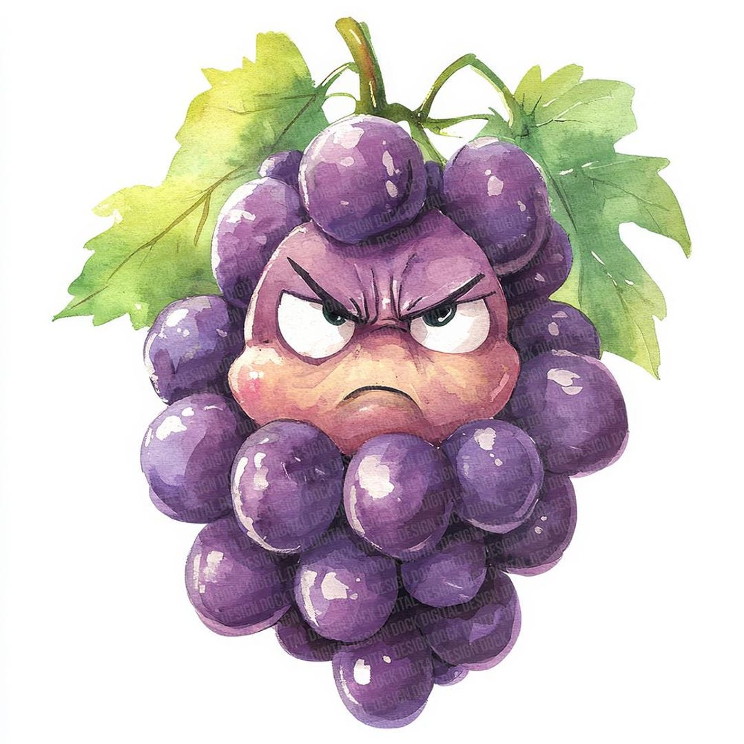 Grumpy Grapes PNG Clip Art, 12x Funny Fruit Character Clipart Set ...
