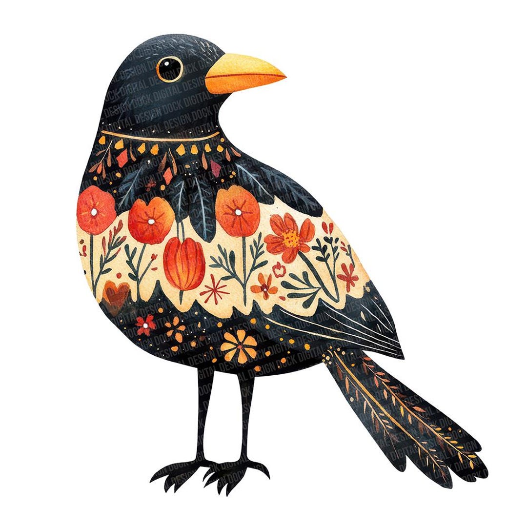Folk Crow PNG Clipart, 12x Floral Crow Clip Art Set, Printable ...
