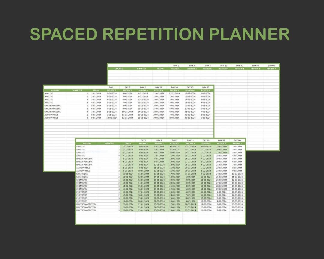 Timetable Spaced Repetition Schedule for University Digital Planner for Student Study Method ...
