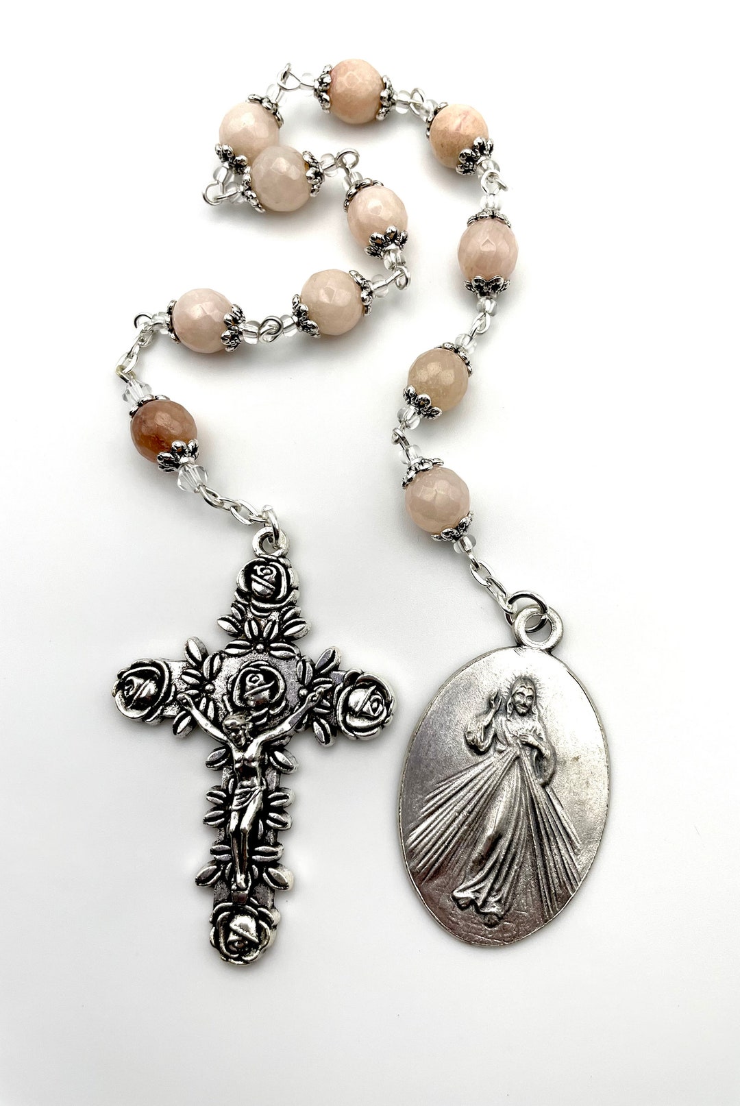 Heirloom Divine Mercy Jesus I Trust in You Precious Strawberry Quartz ...