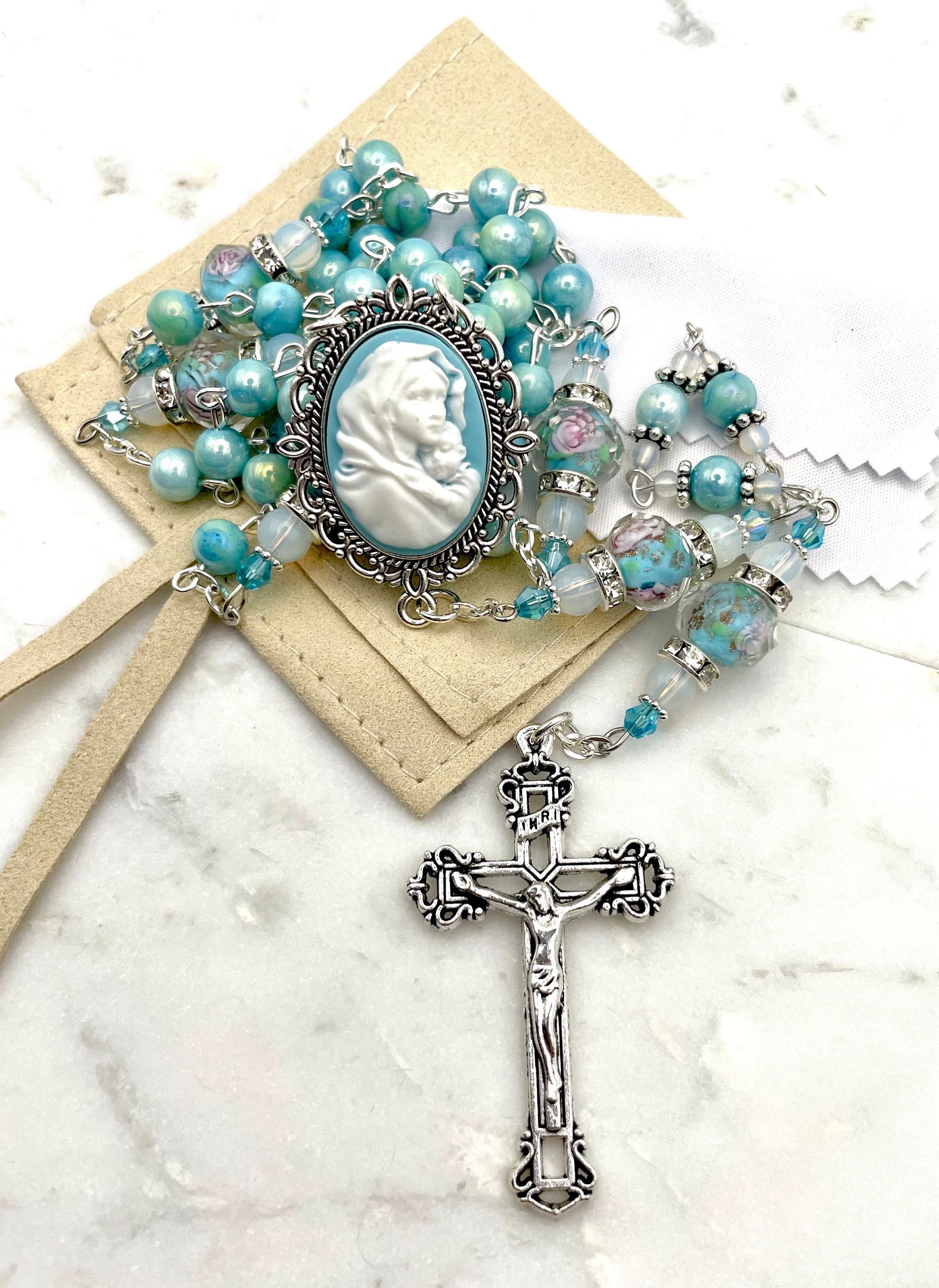 Our Lady + Infant Jesus Cameo Rosary | Rose Lampwork Crystal + Marbled ...