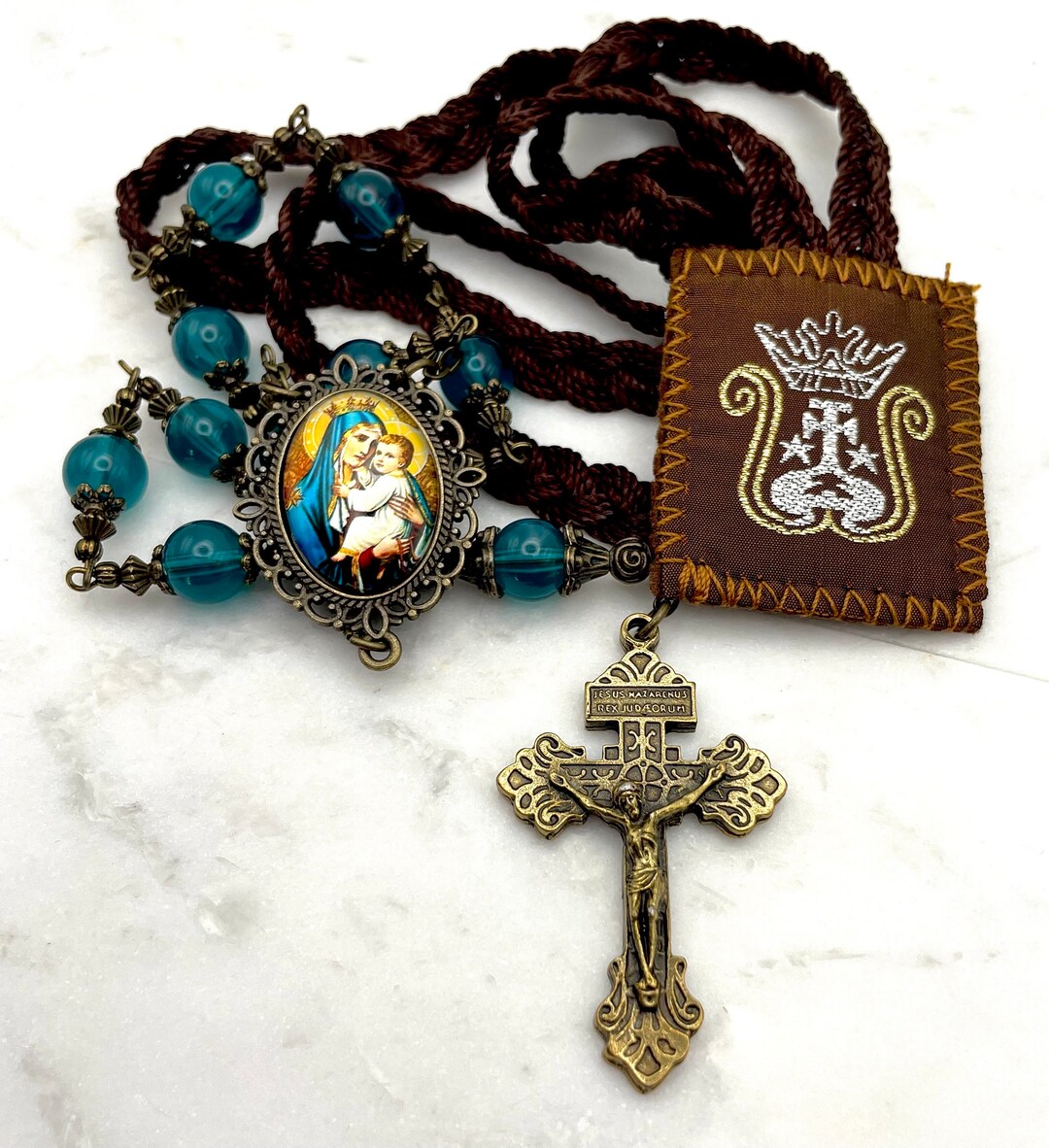 Brown Scapular Our Lady of Mount Carmel Fire Polished Czech Beaded ...