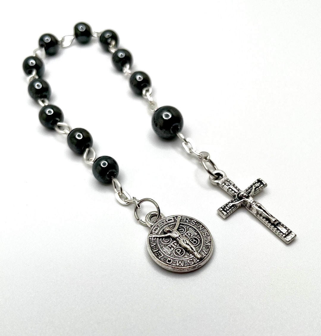 Genuine Hematite Saint Benedict Medal Tenner Chaplet One Decade Pocket ...