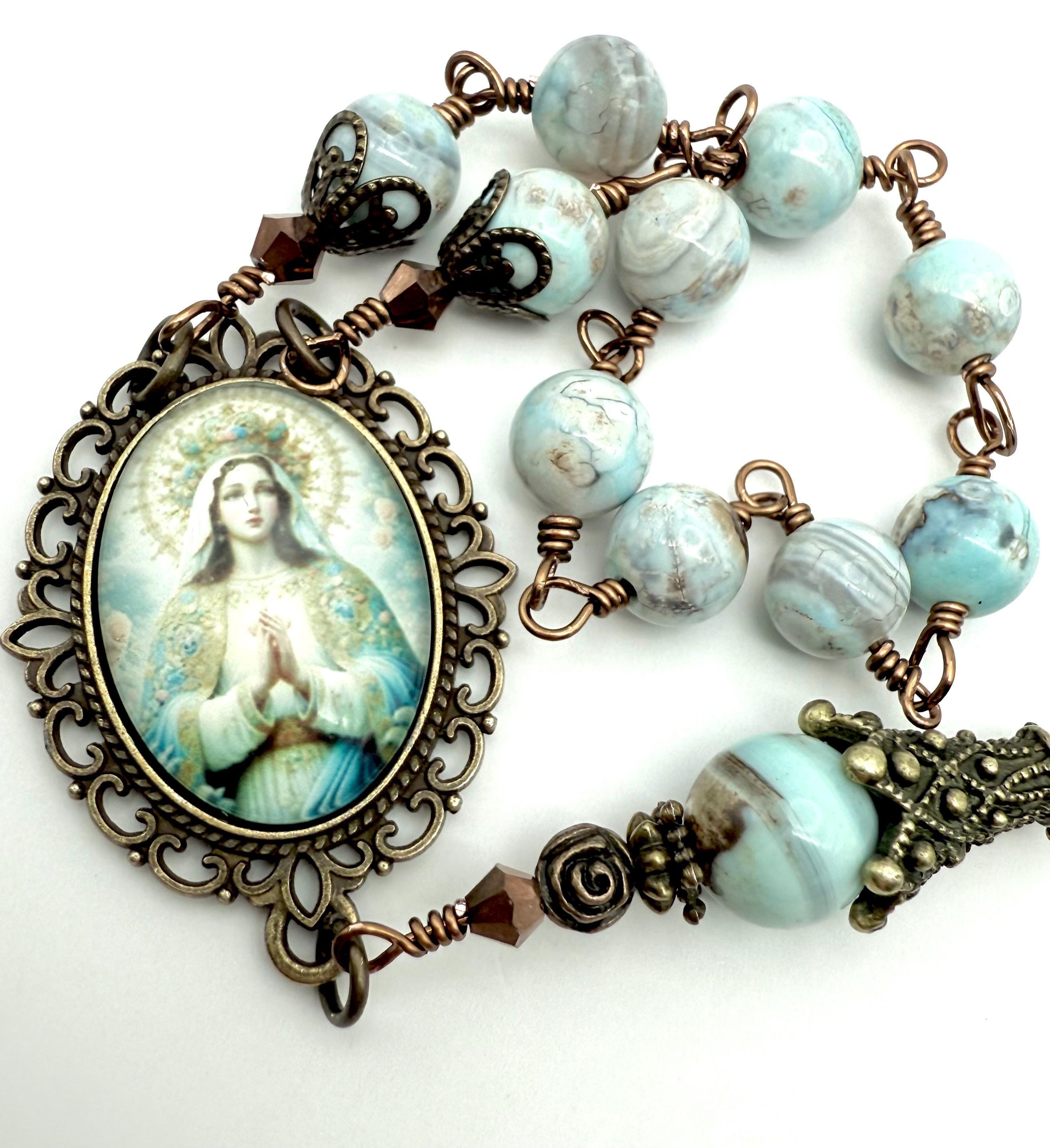 Rare Robin’s Egg Terra Agate Aqua Handwrapped Praying Madonna Our Lady ...