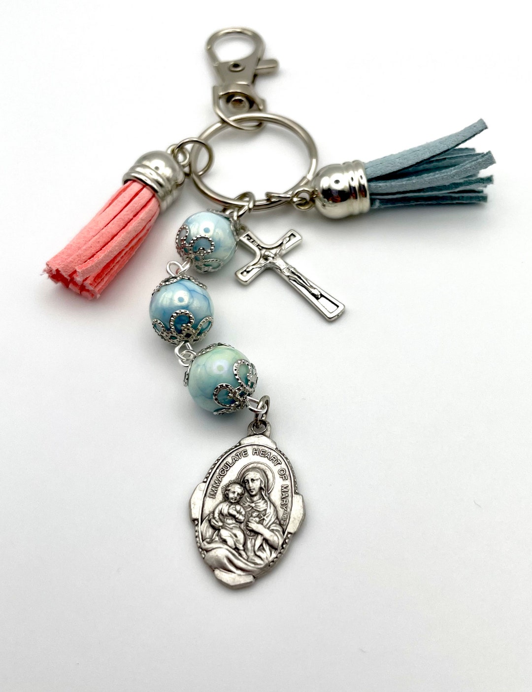 Immaculate Heart of Mary Floral Medal Three Hail Mary Beaded Tassel ...