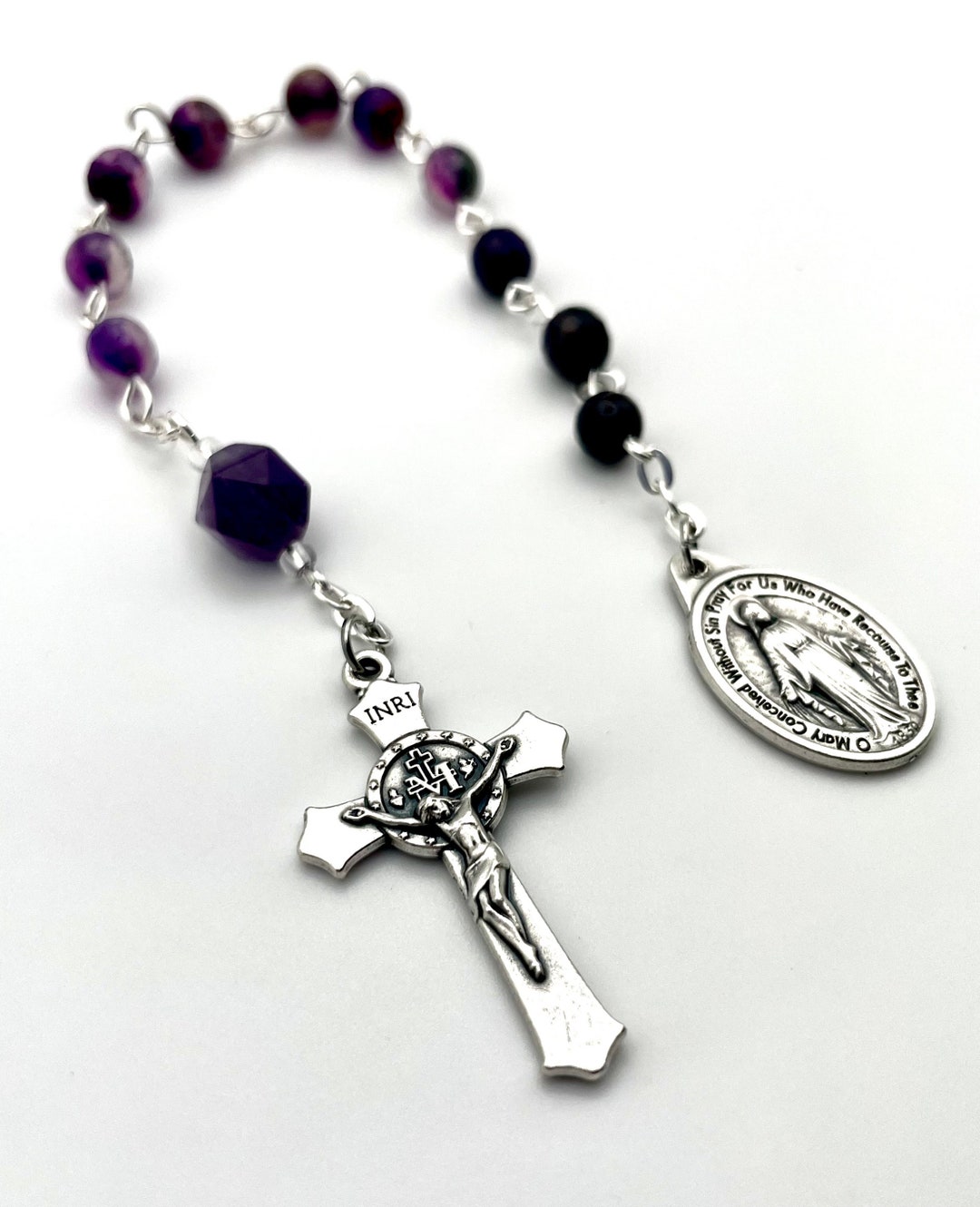 Miraculous Medal Crucifix + Devotional Medal Purple Striped Agate ...
