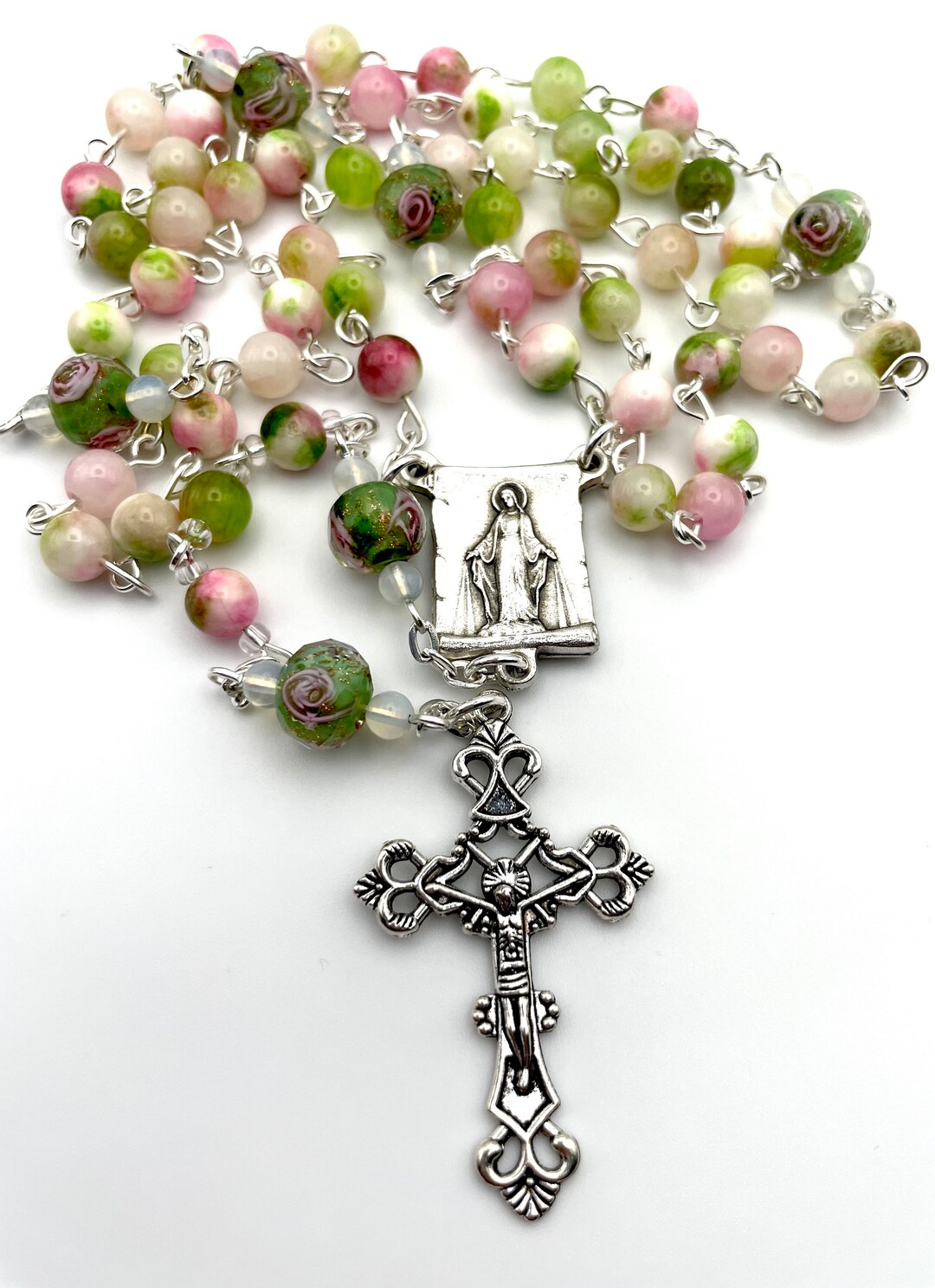 Our Lady of Grace Miraculous Medal Rosary With Pink, Green, White Jade ...
