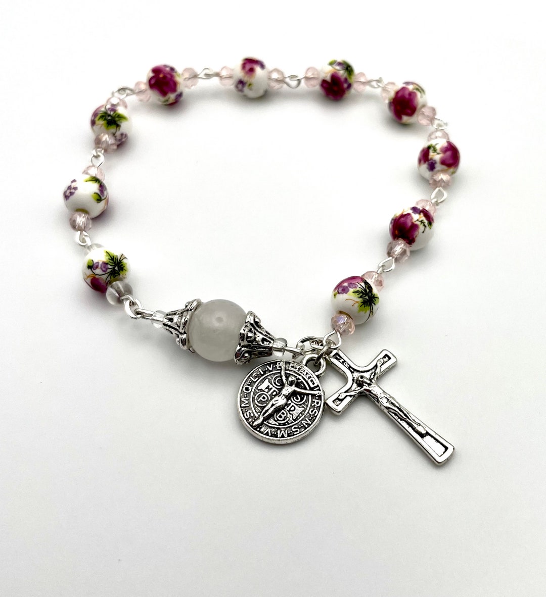 Porcelain Floral Beaded One Decade Chaplet Tenner Rosary Bracelet With ...
