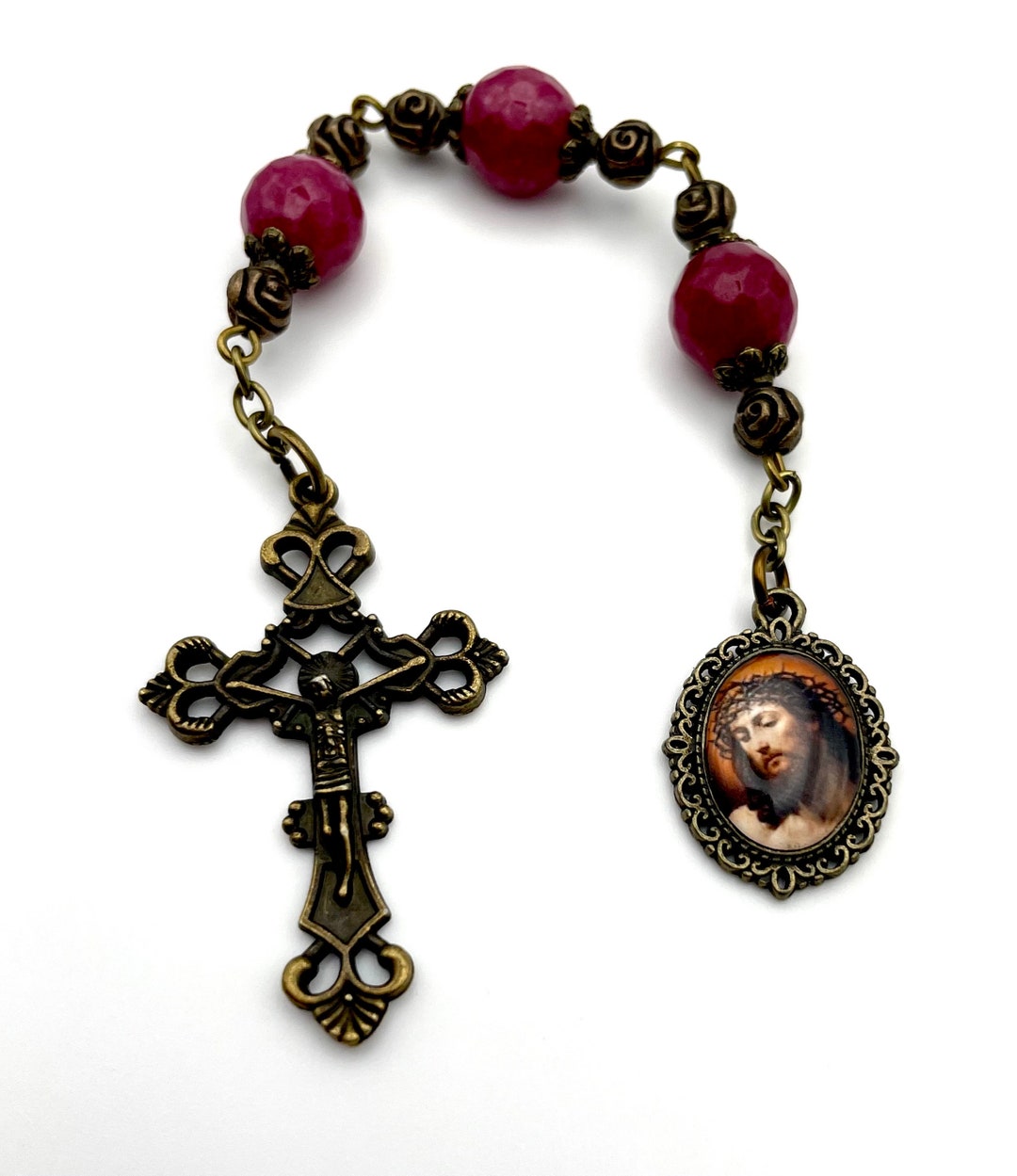 Ecce Homo- AAA Ruby Gemstone Three Hail Mary Chaplet With Stunning ...