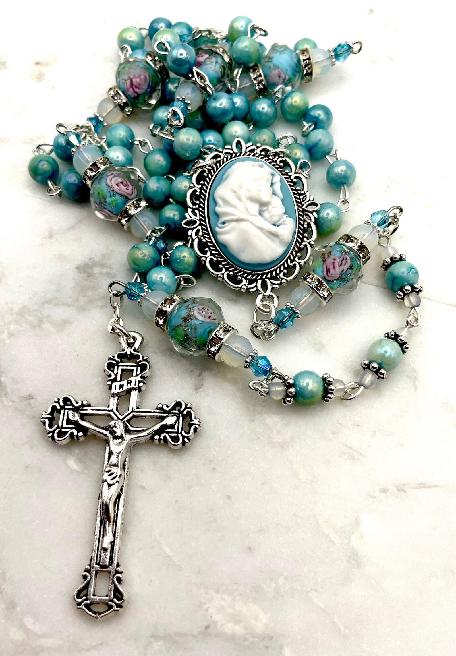Our Lady + Infant Jesus Cameo Rosary | Rose Lampwork Crystal + Marbled ...
