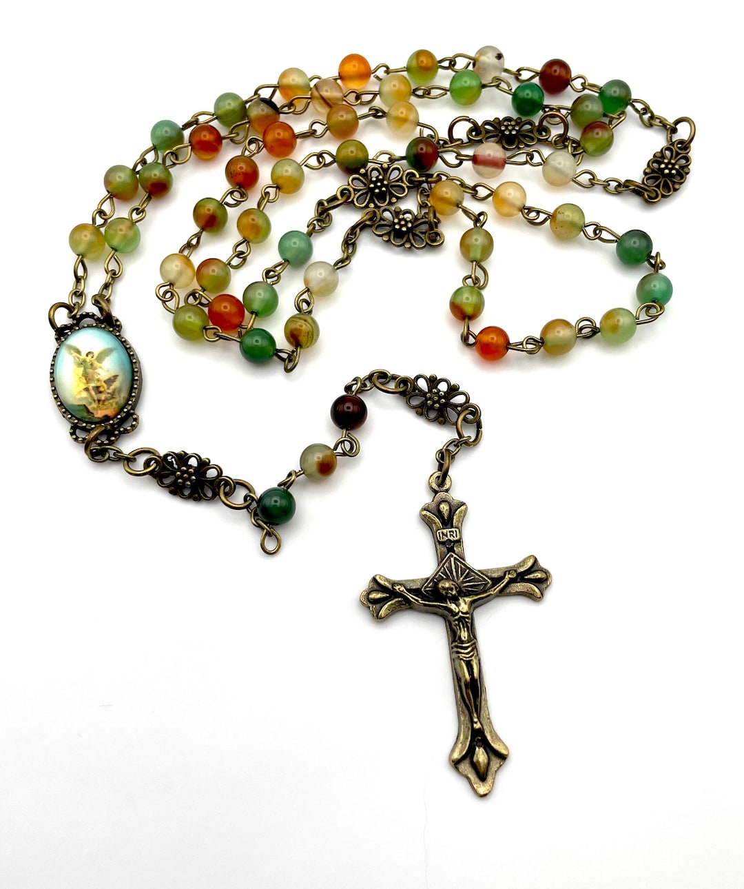 Bronze Saint Michael the Archangel Centerpiece Peacock Agate Gemstone ...