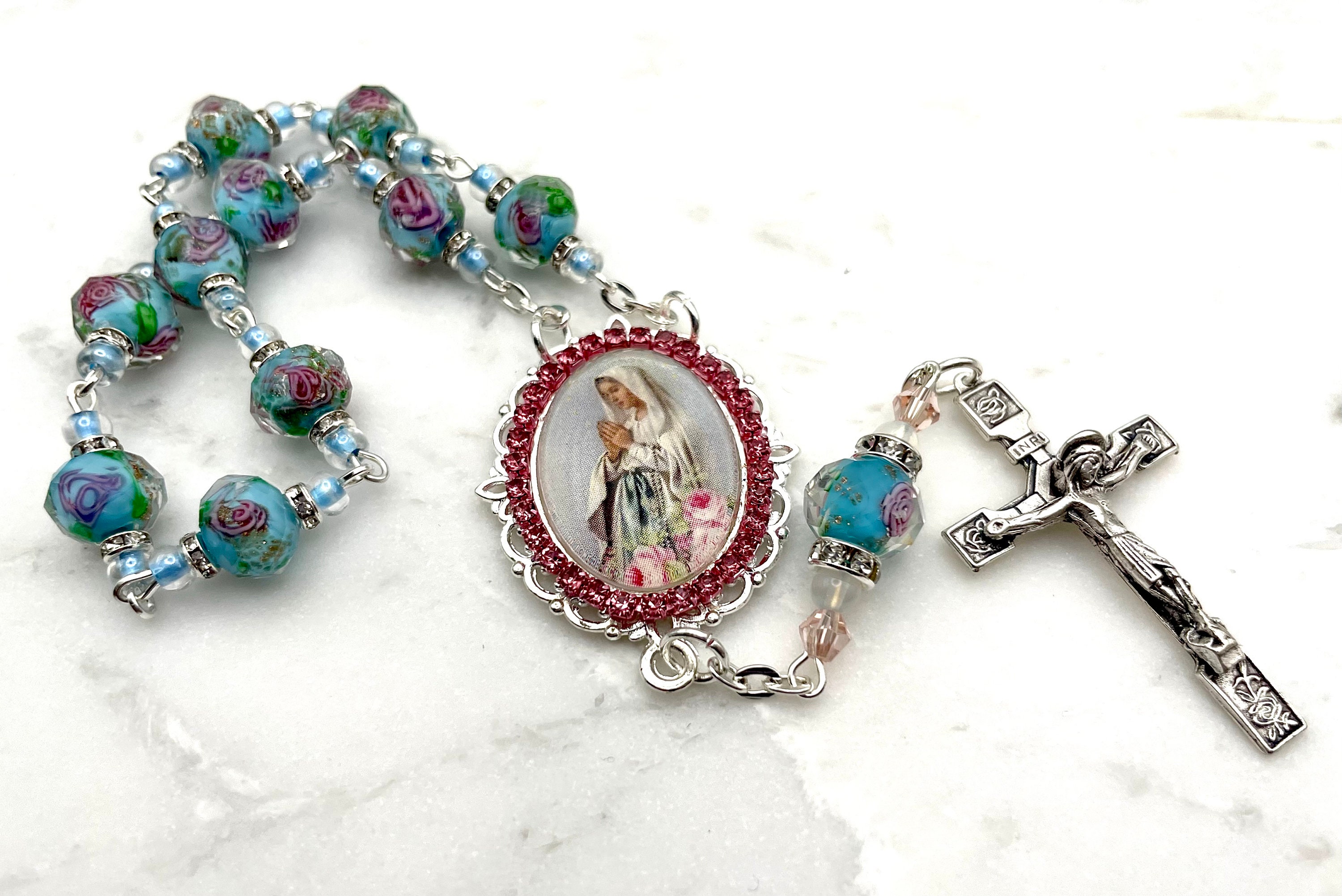 Pink Crystal Our Lady of Lourdes Center Single Decade Pocket Rosary ...