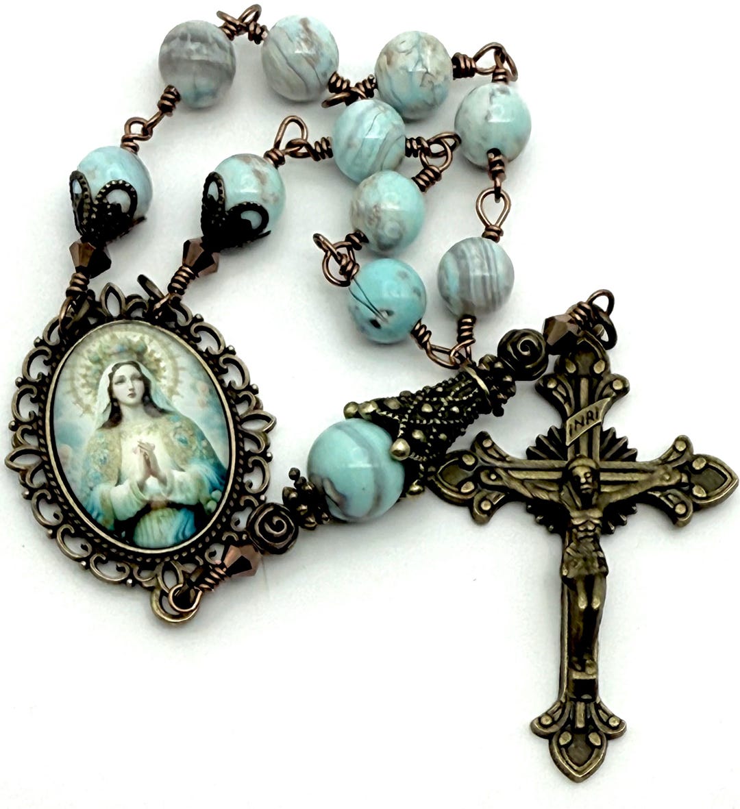Rare Robin’s Egg Terra Agate Aqua Handwrapped Praying Madonna Our Lady ...