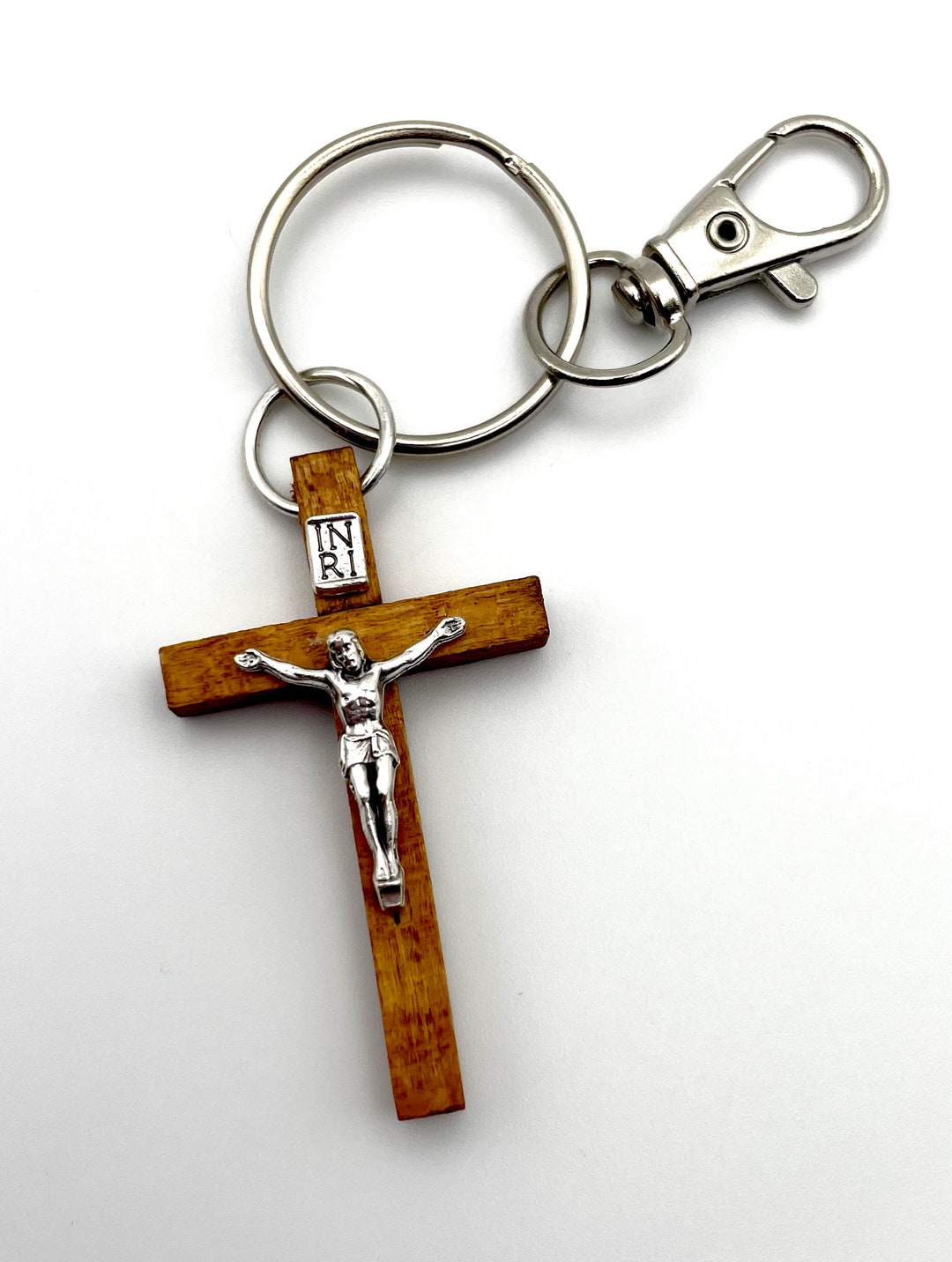 Wooden Crucifix Keychain- Silver Corpus INRI Inscription | Stainless ...